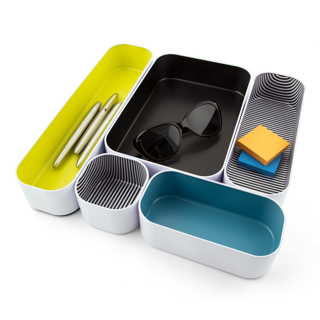 metal stacking bins + drawer organizers sets of 5 2" – three by three ...